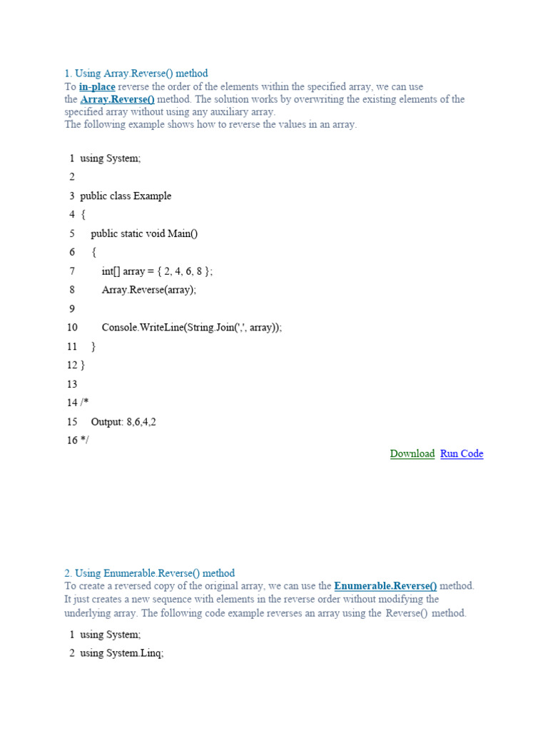 C# Reverse Array | PDF | C Sharp (Programming Language) | Computer Data C# Reverse Array | PDF | C Sharp (Programming Language) | Computer Data