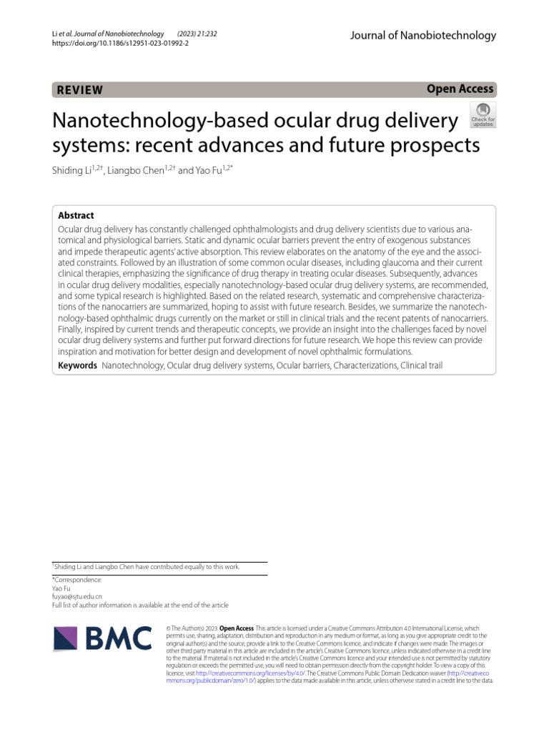 Nanotechnology-Based Ocular Drug Delivery Systems: Recent Advances and Future Prospects | PDF ...