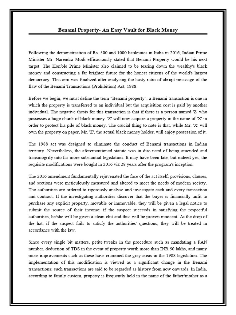 Benami Property - An Easy Vault For Black Money by Rajat Nischal | PDF | Indian Black Money ...