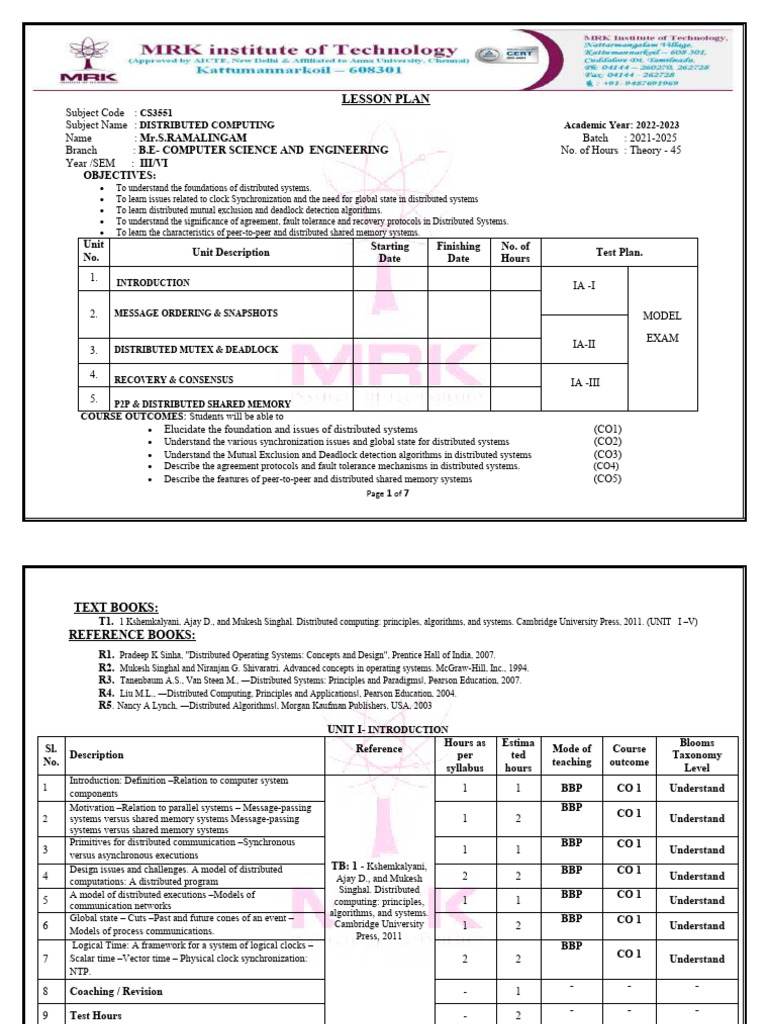 Lesson Plan Ds 8603 | PDF | Distributed Computing | Peer To Peer