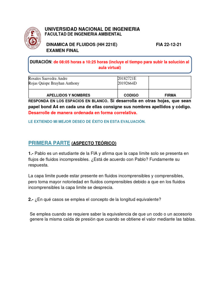 Solucionario Del Examen Final | PDF | Capa límite | Levantar (Fuerza)