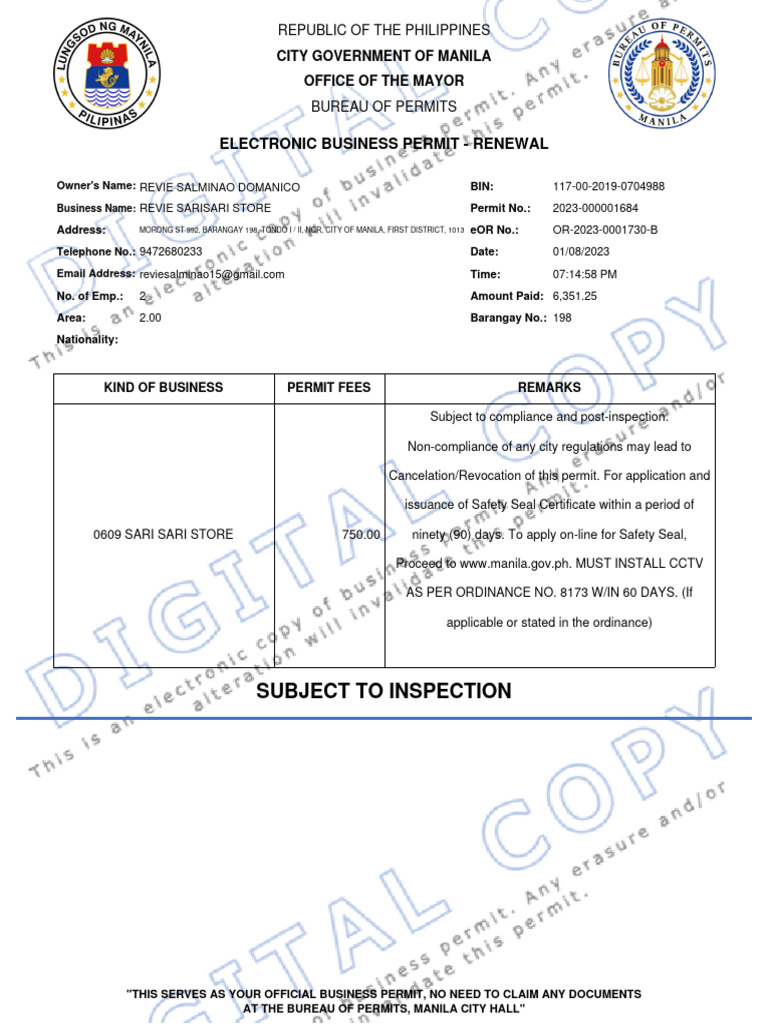 Electronic Business Permit - Renewal: Subject To Inspection | PDF ...