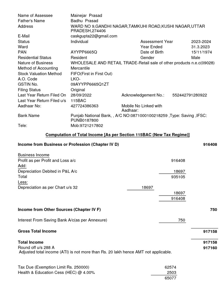 Computation of Total Income (As Per Section 115BAC (New Tax Regime ...
