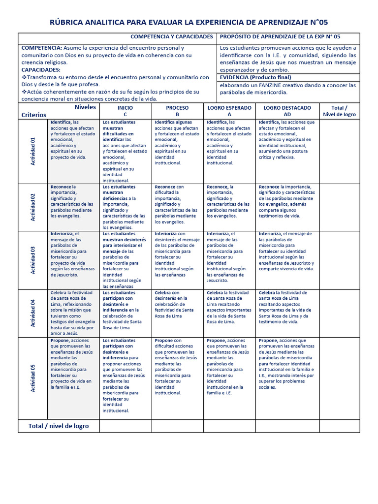 Rúbrica Analitica para Evaluar La Experiencia de Aprendizaje N 05 | PDF | Las emociones ...