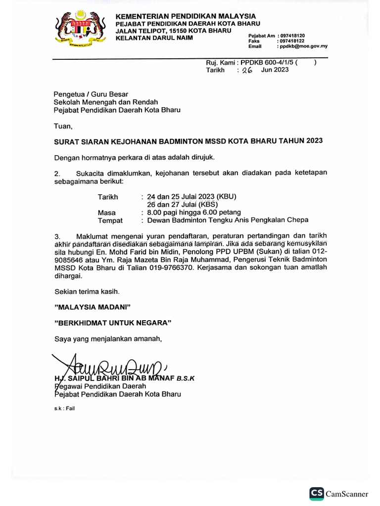 Surat Siaran Kejohanan Badminton MSSD KB 2023 | PDF
