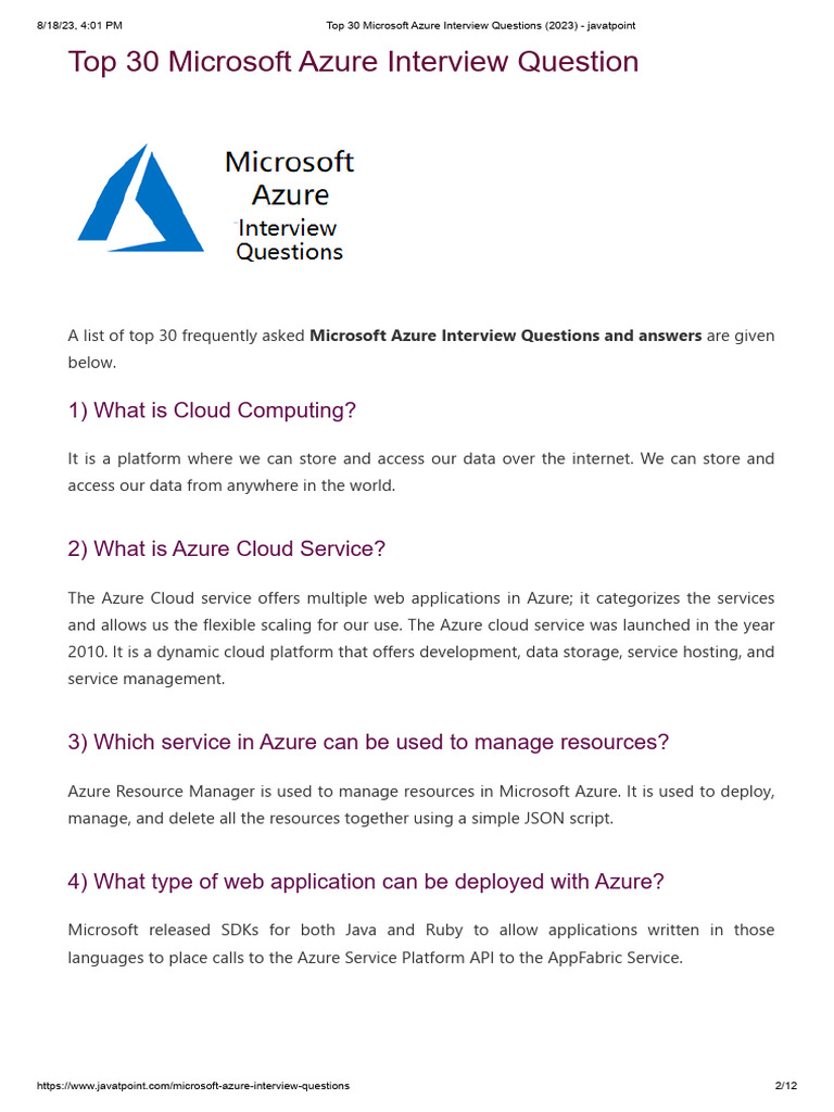 Top 30 Microsoft Azure Interview Questions (2023) | PDF | Microsoft Azure | Cloud Computing