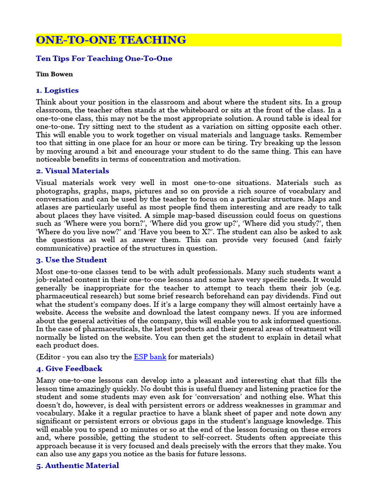 One-To-One Teaching | PDF | Teachers | Classroom