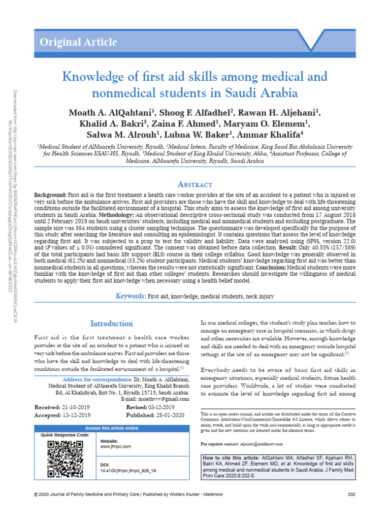 First Aid Knowledge in Saudi Students | PDF | Statistics | First Aid