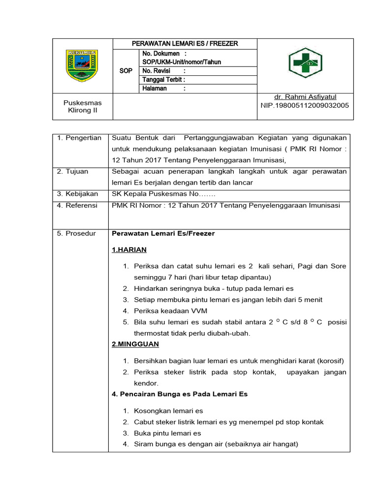SOP Perawatan Lemari Es untuk Vaksin | PDF