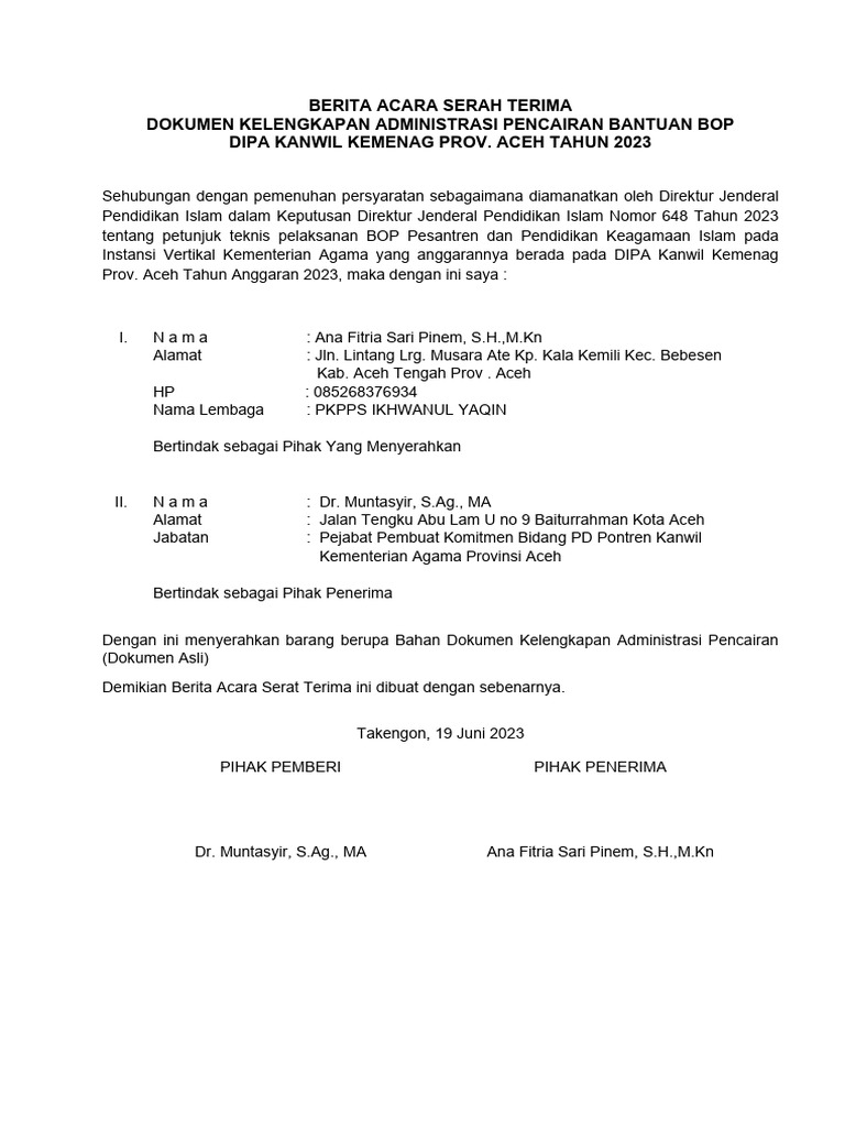 Serah Terima Dokumen BOP Pesantren | PDF