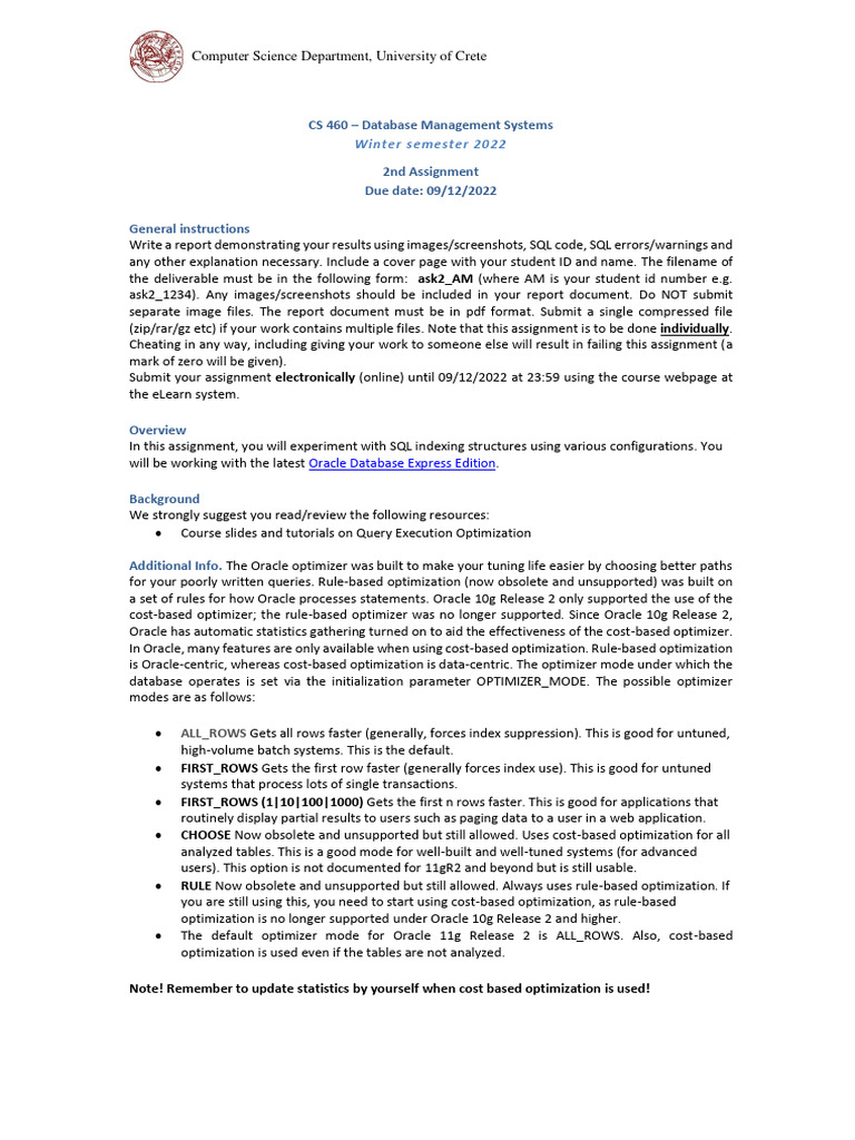 CS460 Assignment2 2022 EN | PDF | Database Index | Databases