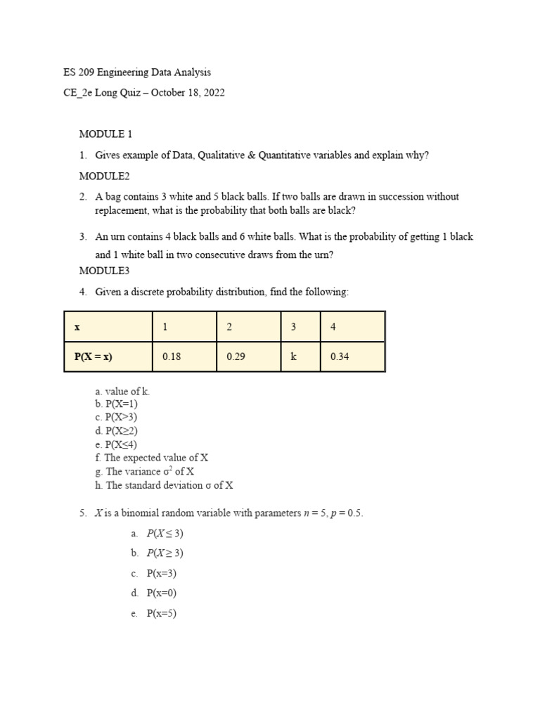 ES 209 Engineering Data Analysis - Long Quiz | Download Free PDF ...