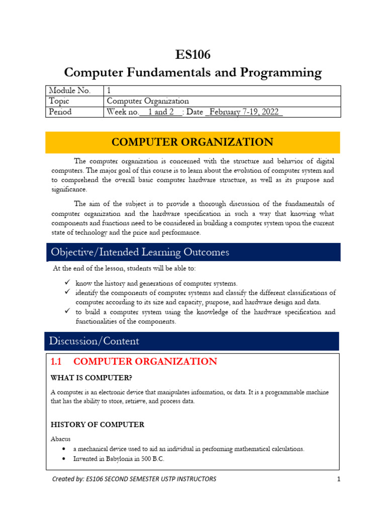 ES106-CFP-Module 1 - Computer Organization | PDF | Computer Hardware ...