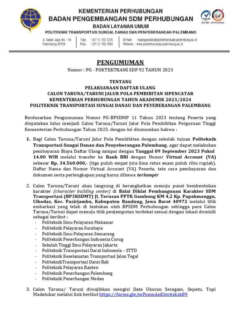 Pengumuman Daftar Ulang Polbit 2023 | PDF