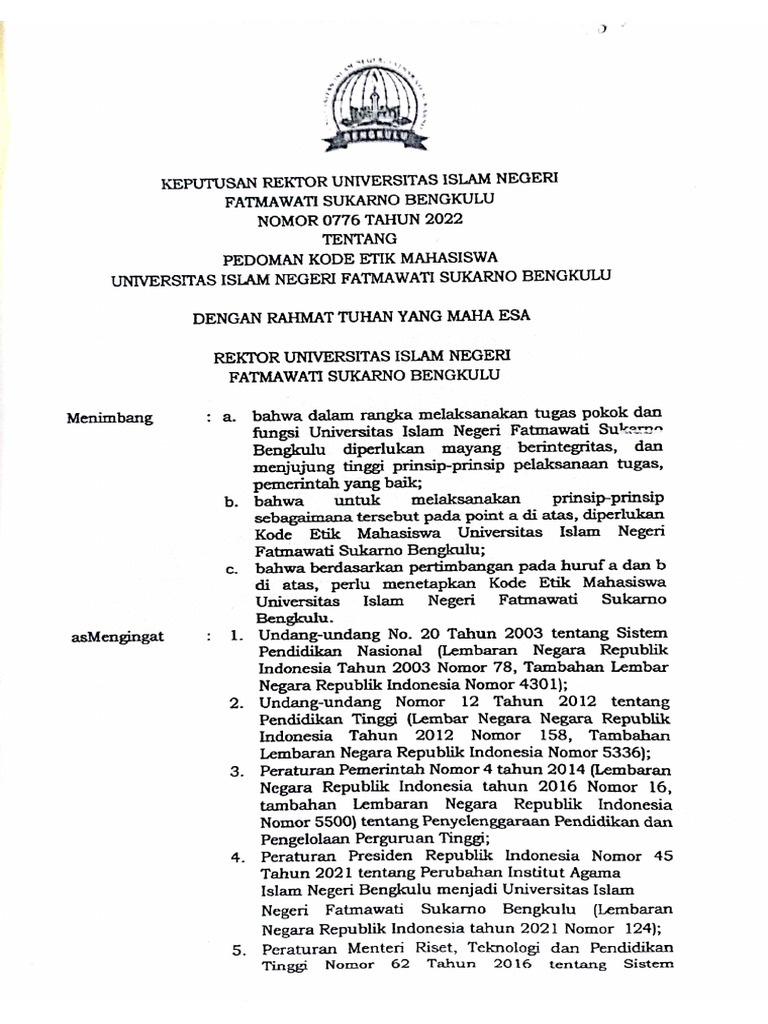 SK Kode Etik Mahasiswa UIN FAS BKL | PDF