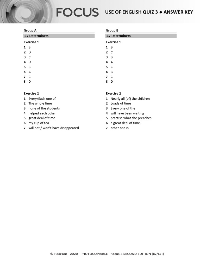 Focus4 2E UoE Quiz Unit3 GroupA B ANSWERS | PDF