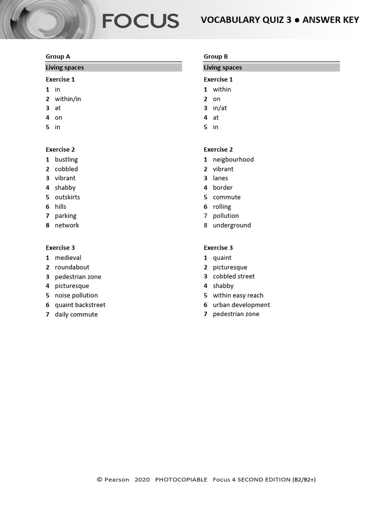 Focus 4 Unit 3 Vocabulary Quiz Answers | PDF