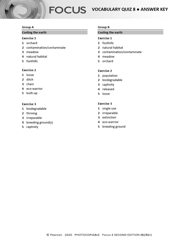 Focus 4 Unit 8 Vocabulary Quiz Answers | PDF