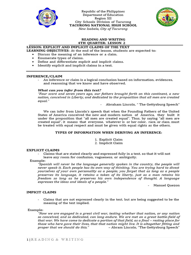 EXPLICIT-AND-IMPLICIT-CLAIMS | PDF | Inference | Epistemology