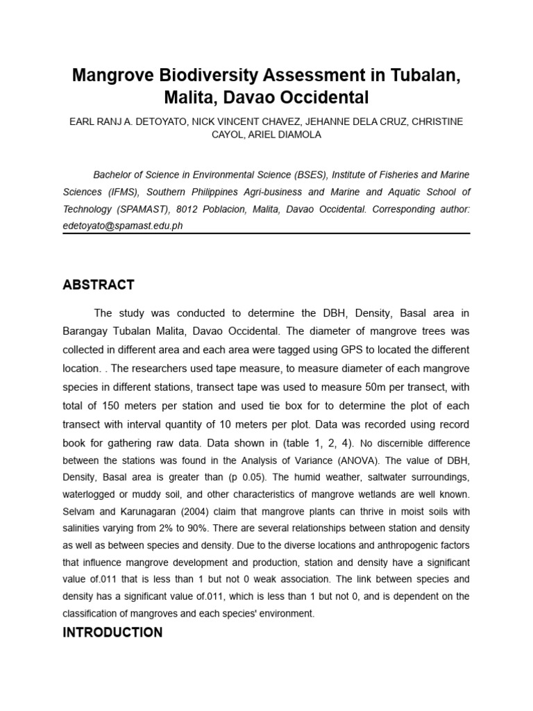 Mangrove Biodiversity Assessment in Tubalan | PDF | Mangrove | Physical ...