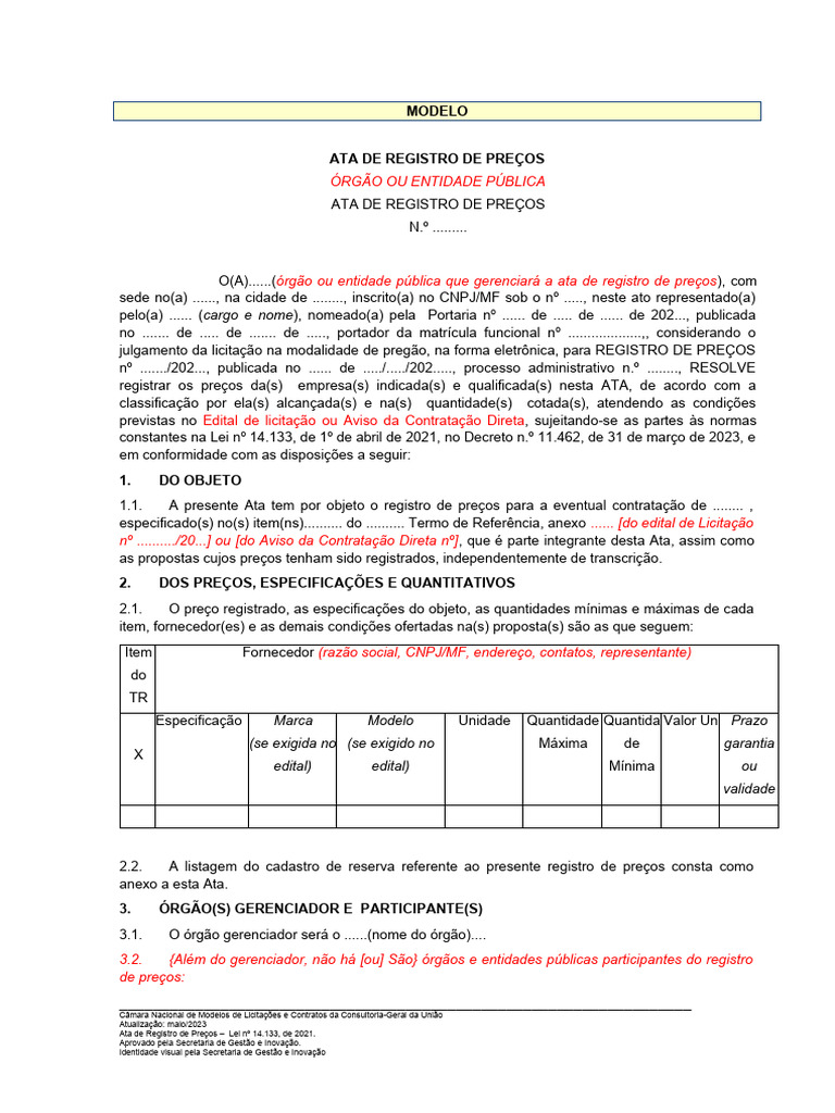 Modelo Ata Registro de Precos Lei 14-133 V-Maio23 | Download grátis PDF ...