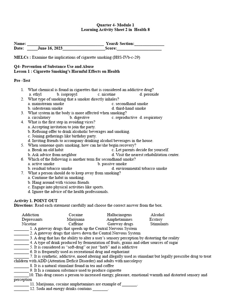 Q4 Health 8 LAS 2 | PDF | Tobacco Smoking | Addiction