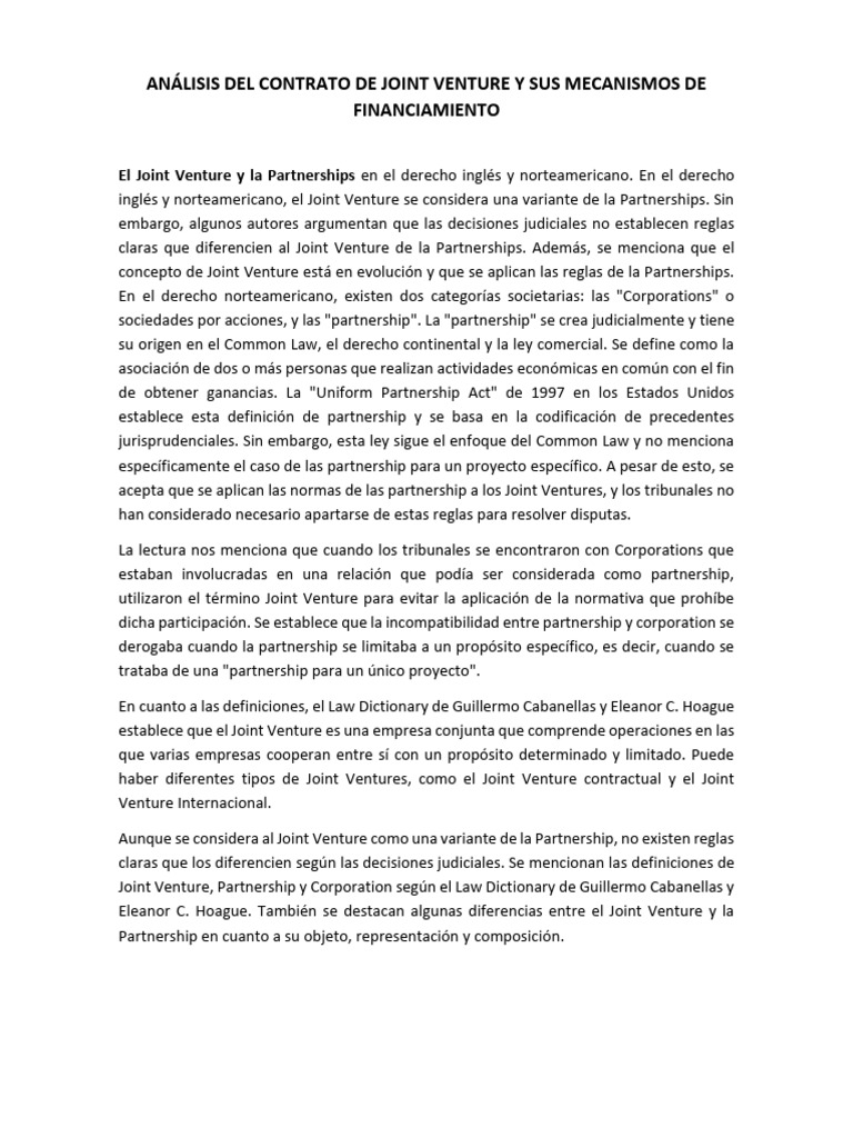 Análisis Del Contrato de Joint Venture y Sus Mecanismos de ...