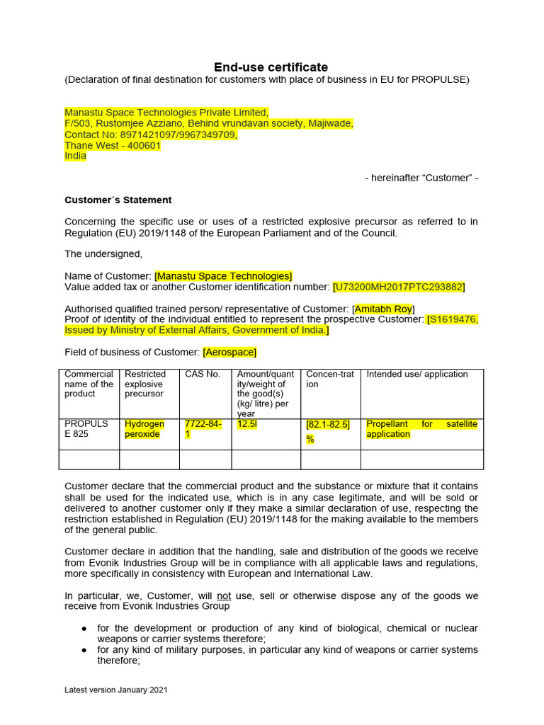 2020-01-14 End-Use Certificate - Edition January 2021 - BL AO ...
