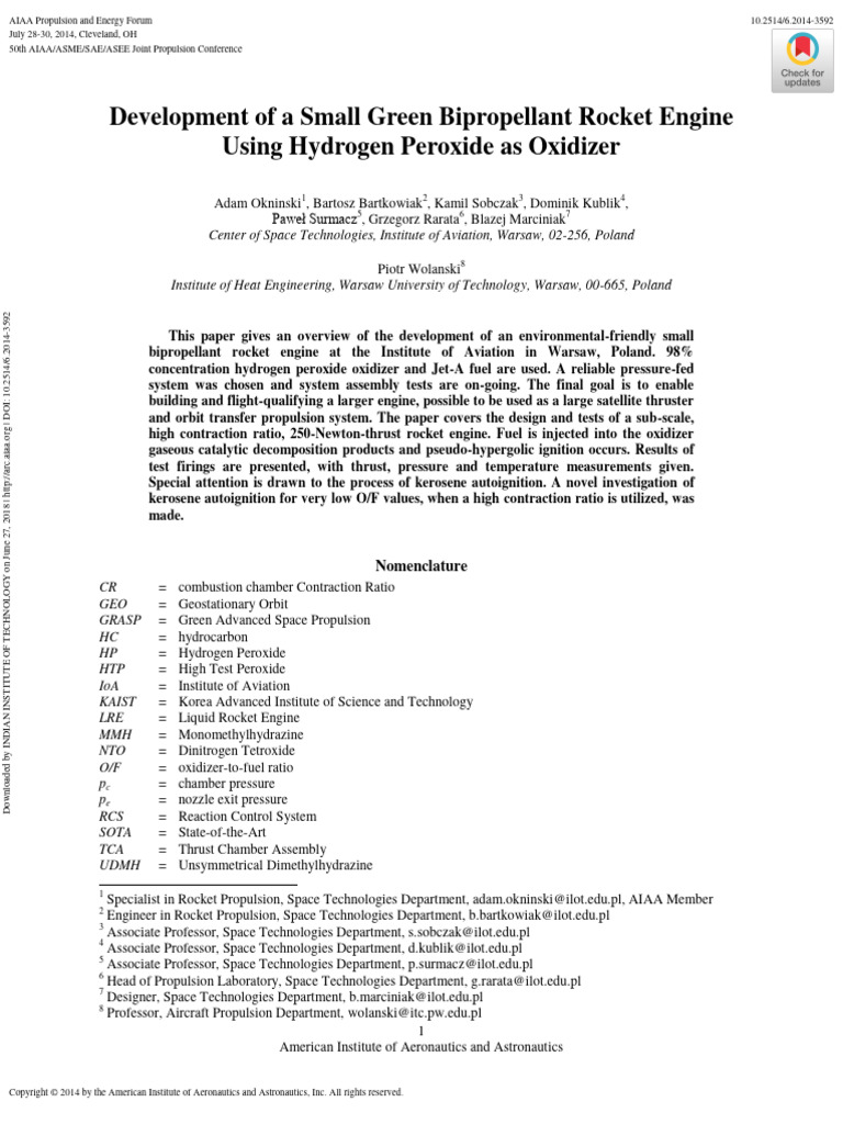 Development of A Small Green Bipropellant Rocket Engine Using Hydrogen Peroxide As Oxidizer ...