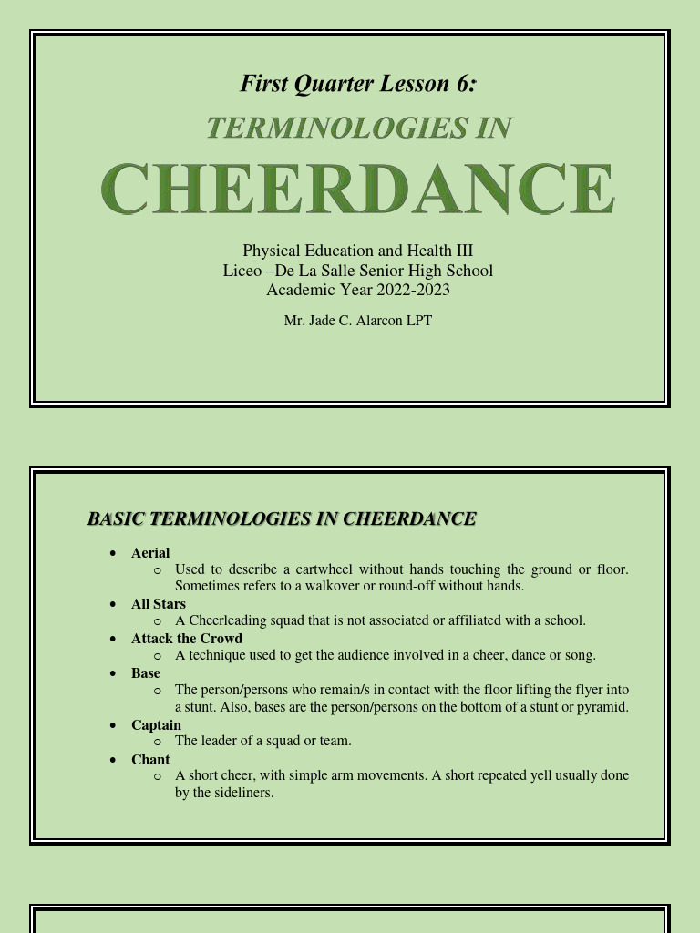 Lesson 6 - Terminologies in Cheerdance | PDF | Cheerleading | Entertainment