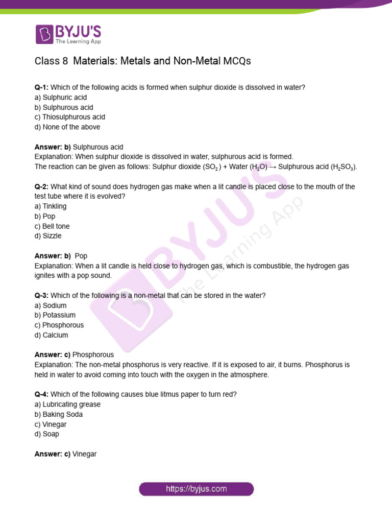 Class 8 Materials Metals and Non Metal MCQs | PDF | Metals | Hydroxide