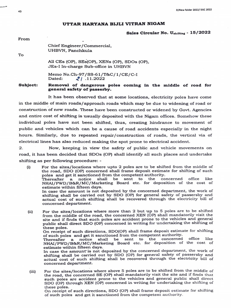 Uttar Haryan A Bijli Vitran N Igam Sales Circular N O. 15/2022 | PDF