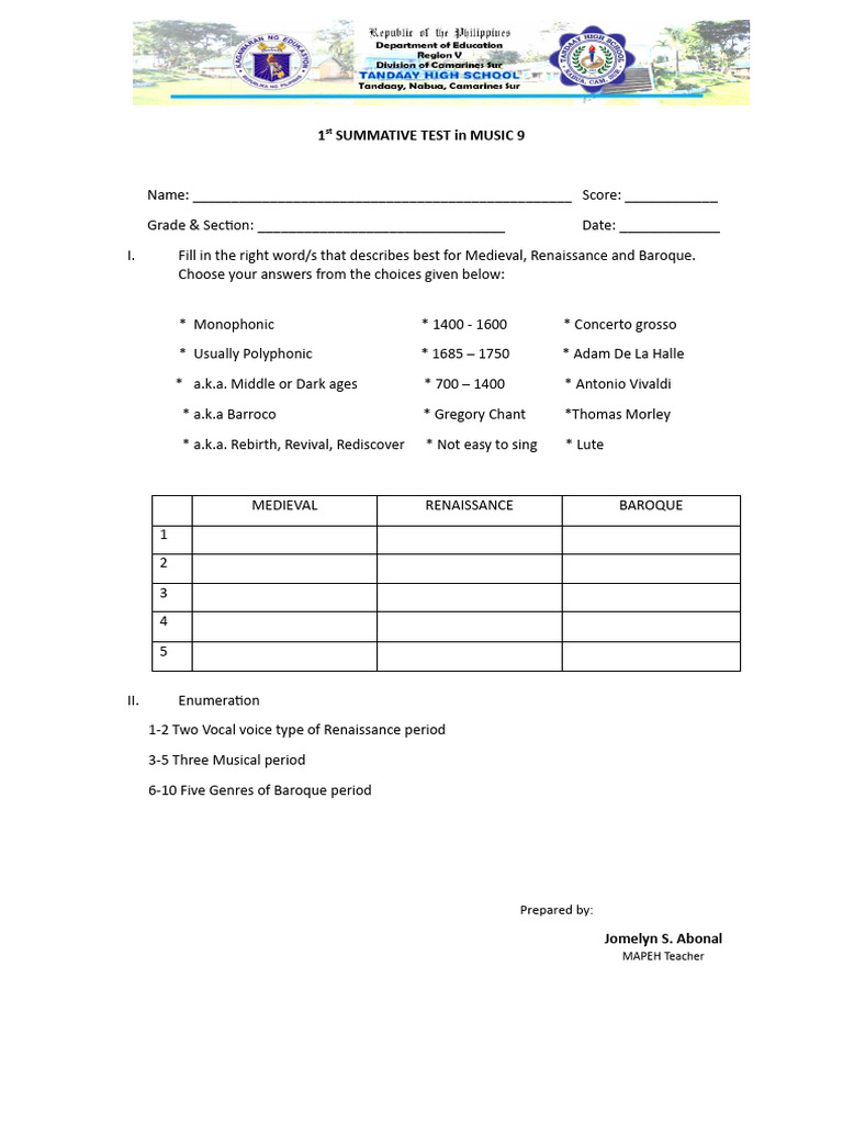 1st SUMMATIVE TEST in MUSIC 9 | PDF | Baroque Music | Music Theory