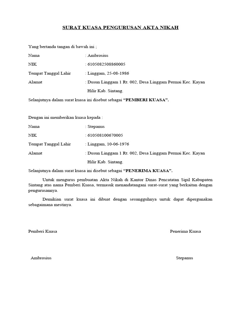 Surat Kuasa Pengurusan Akta Nikah | PDF