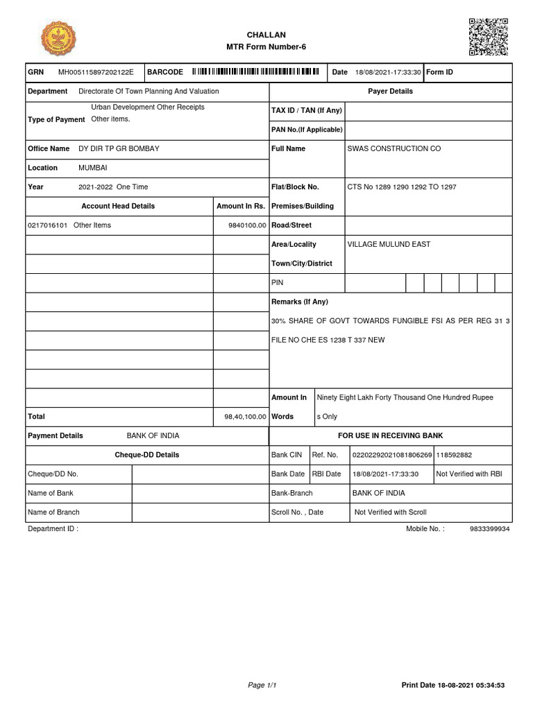 SWAS - I - 1238 - 03-Rs 9840100-BOI | PDF | Payments | Banking