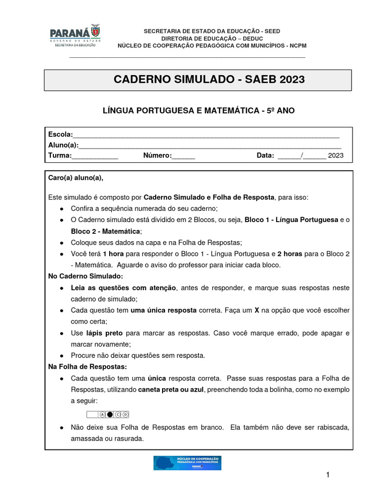Caderno Aluno - LP e Matematica - SAEB 2023 - SIMULADO | PDF | Triângulo | Tempo