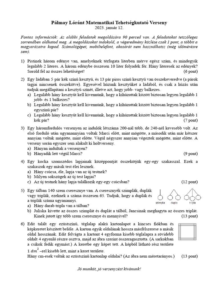 Matematika 2023 Pálmay Feladatlap | PDF