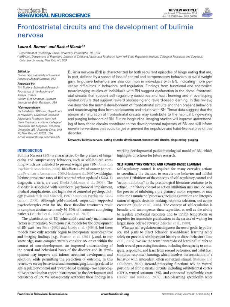 Frontostriatal Circuits and The Development of Bulimia Nervosa | PDF ...