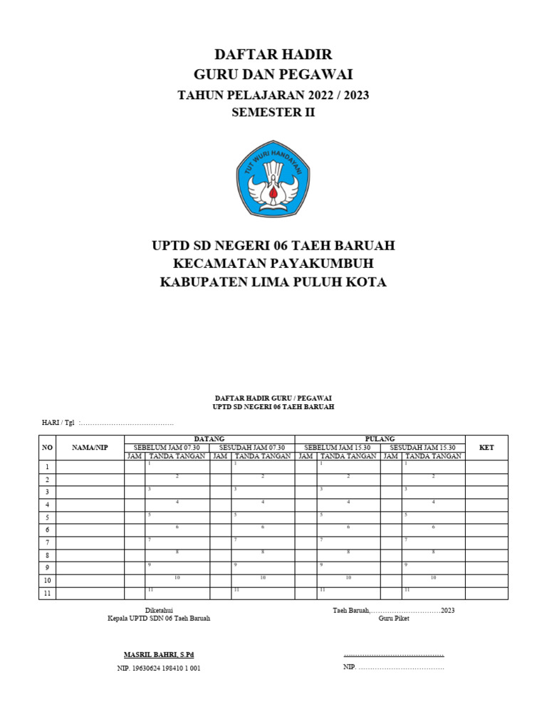 Daftar Hadir Guru Dan Pegawai | PDF