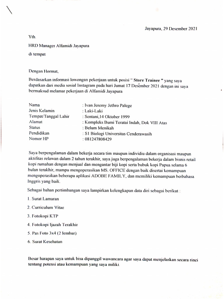 Ivan Jeremy Jethro Palege Surat Lamaran Kerja | PDF