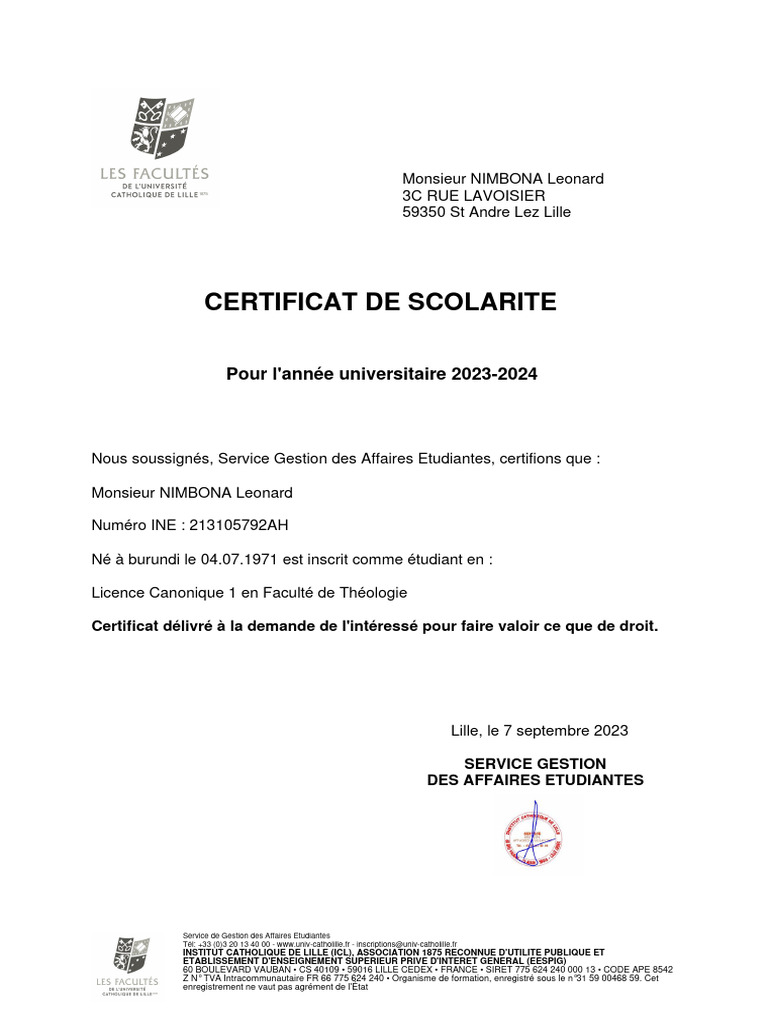 Certificat de Scolarite 2023-2024 | PDF