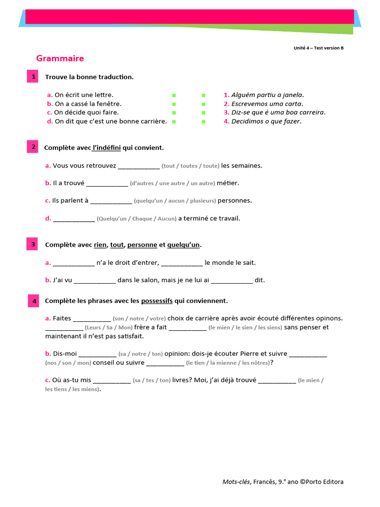 Test de Grammaire - Unité 4 B | PDF | Linguistique