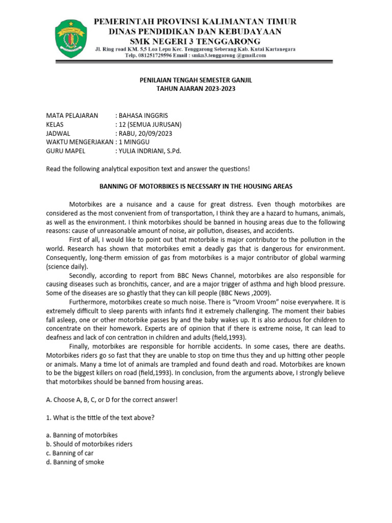 PTS Bahasa Inggris Kelas 12 Semester Ganjil Tahun Ajaran 2023-2024 | PDF | Natural Environment ...