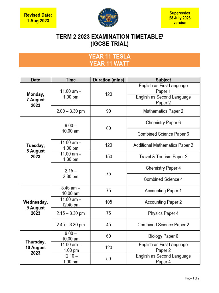 (1aug23) Year 11 Term 2 2023 Exam Timetable (1www | PDF | Schools ...