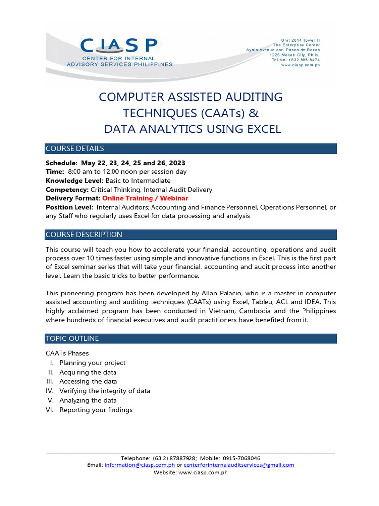 CAATs Using Excel - May 2023 - Online | PDF | Audit | Computing