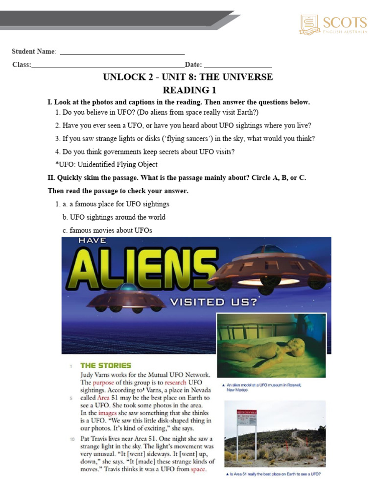 WS - Unlock 2 - U8 - Lesson 24 Reading 1 | PDF | Unidentified Flying Object | Mars