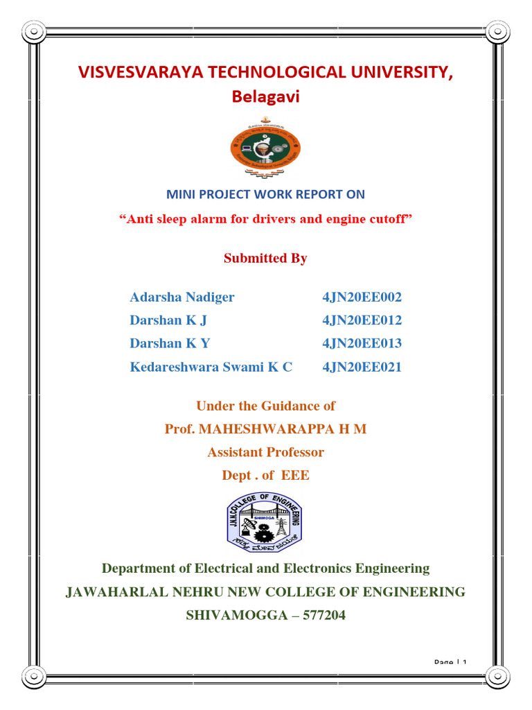 Visvesvaraya Technological University, Belagavi: "Anti Sleep Alarm For ...