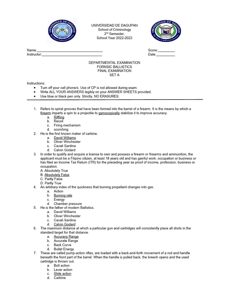 Forensicballistic Final-Exam | PDF | Firearms | Gun Barrel