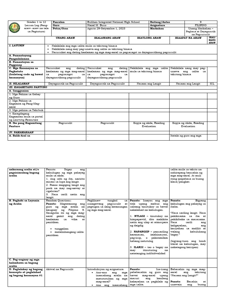 FALLARCUNA G9 Week 1 Diagnostic and Reading | PDF