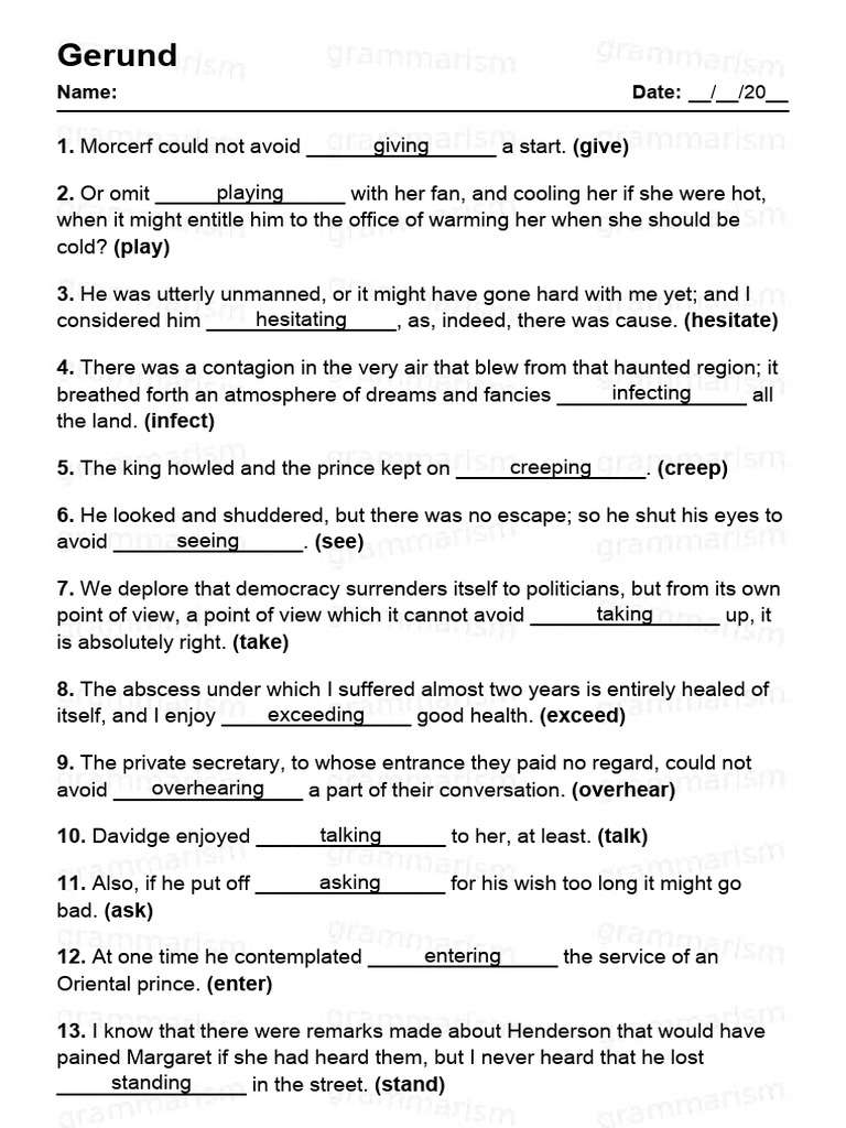 Grammarism Gerund Test 11 Solved 10033940 | PDF